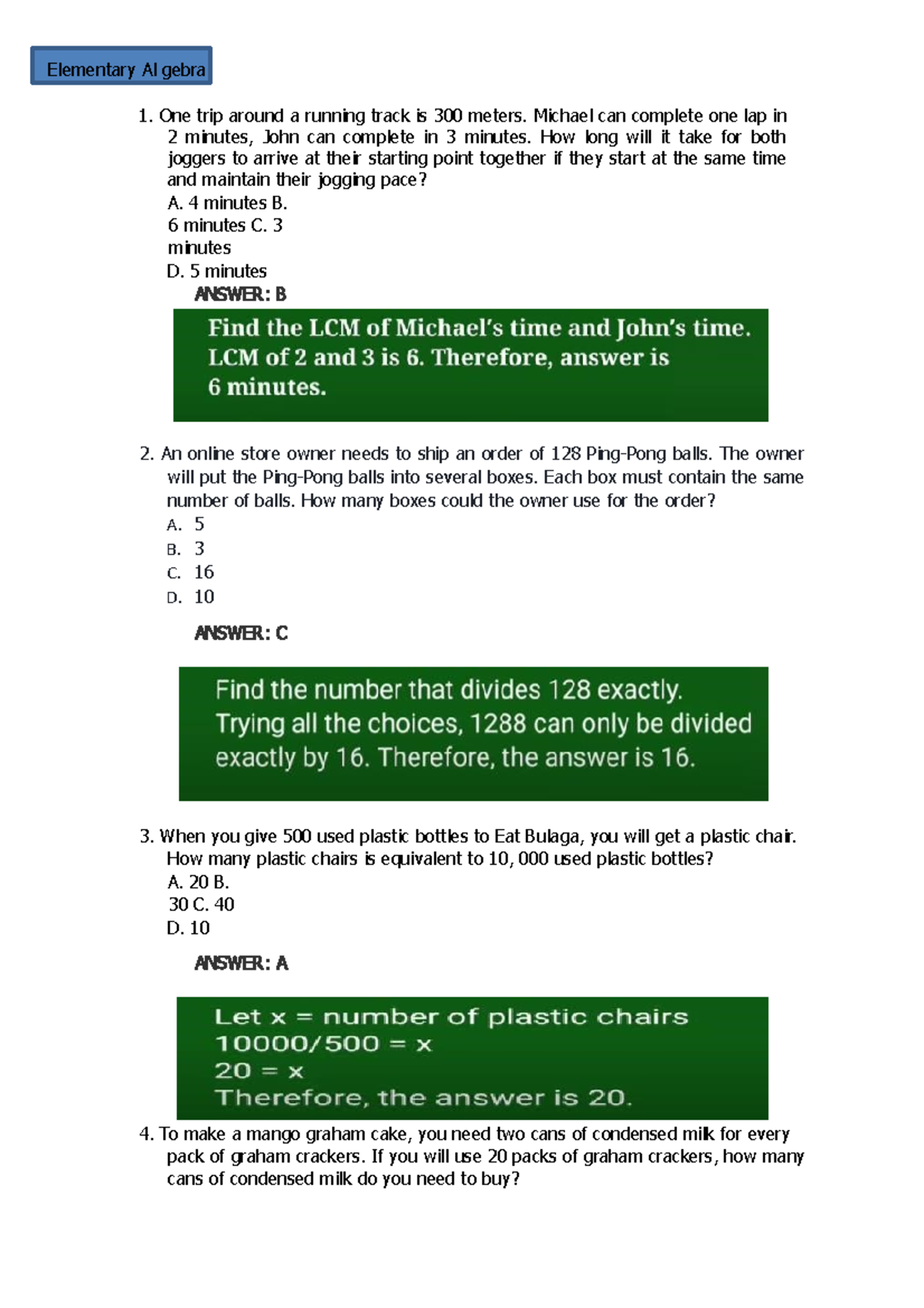 18 Math Investigation - This is a practice test - Elementary Al gebra ...