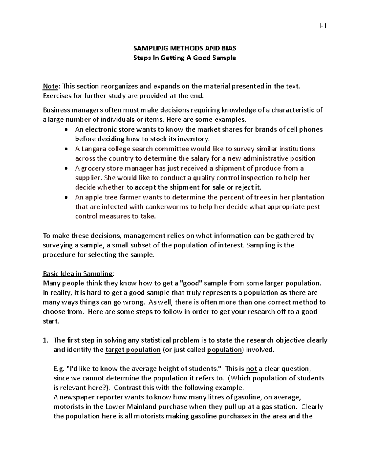 Chapter 1 - Sampling & Bias - I-1 SAMPLING METHODS AND BIAS Steps In ...