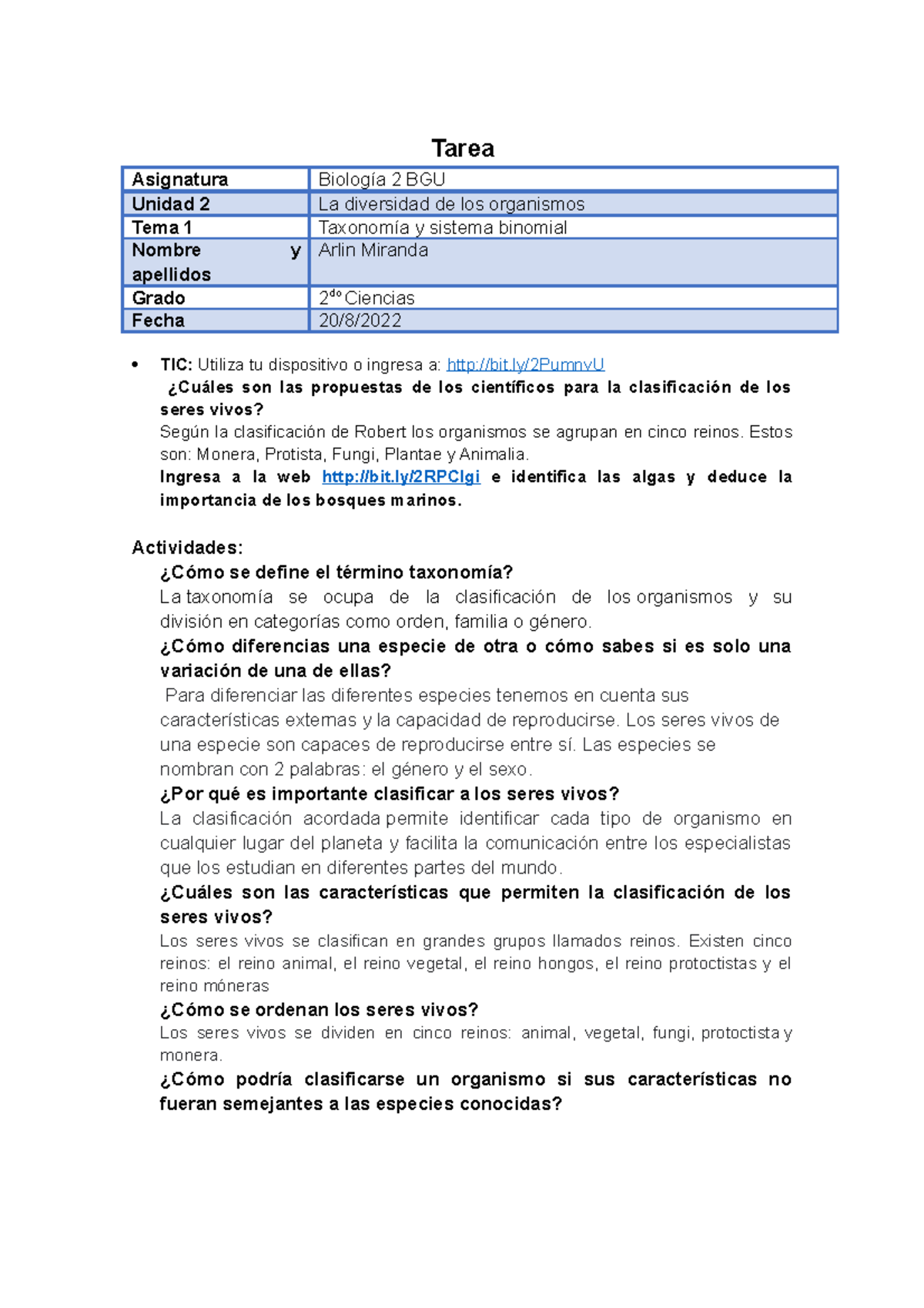 Tarea Bio 2unidad - svdf - Tarea Asignatura Biología 2 BGU Unidad 2 La ...