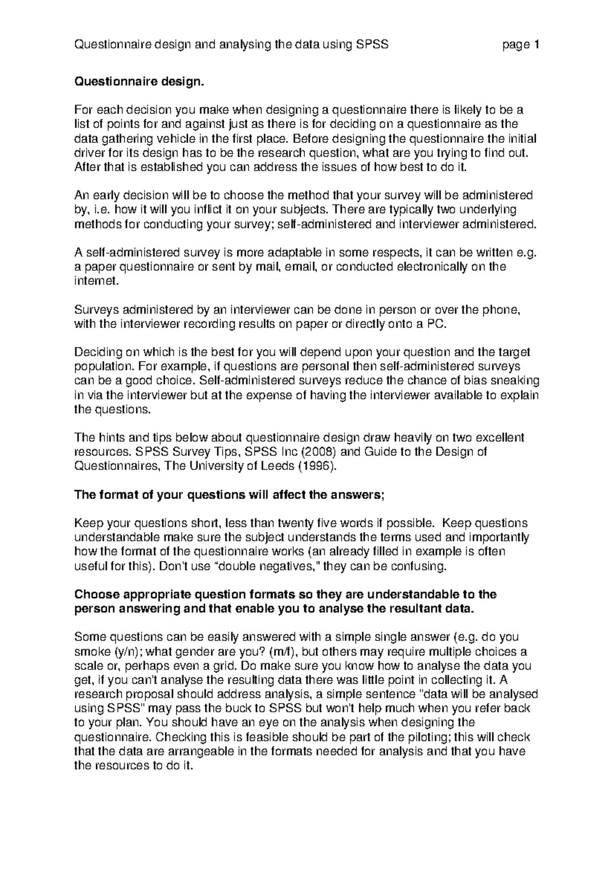 Questionnaire analysis using spss - Questionnaire design. For each ...