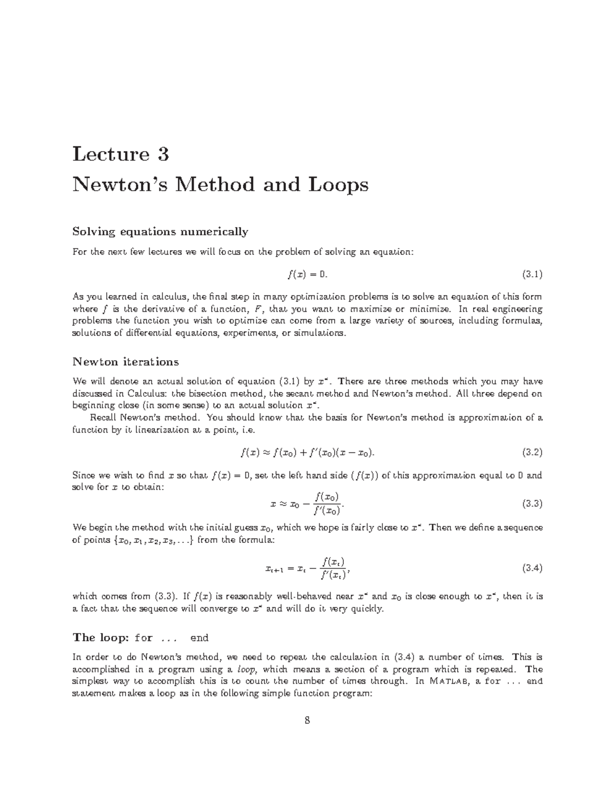 Lecture 3 MATH 3600 Spring 2015 - Lecture 3 Newton’s Method and Loops ...