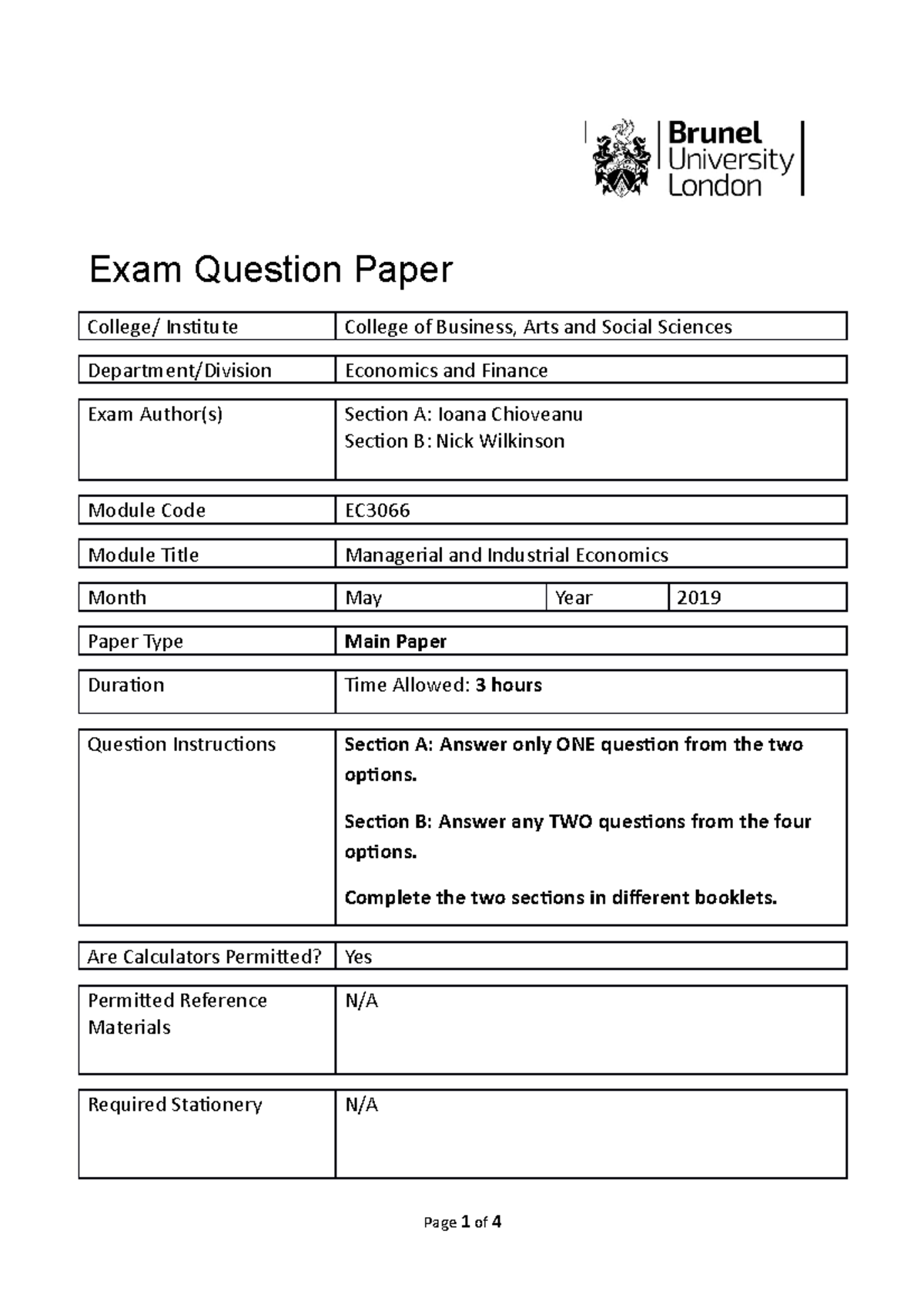 Exam May 2019 - Exam Question Paper College/ Institute College of ...