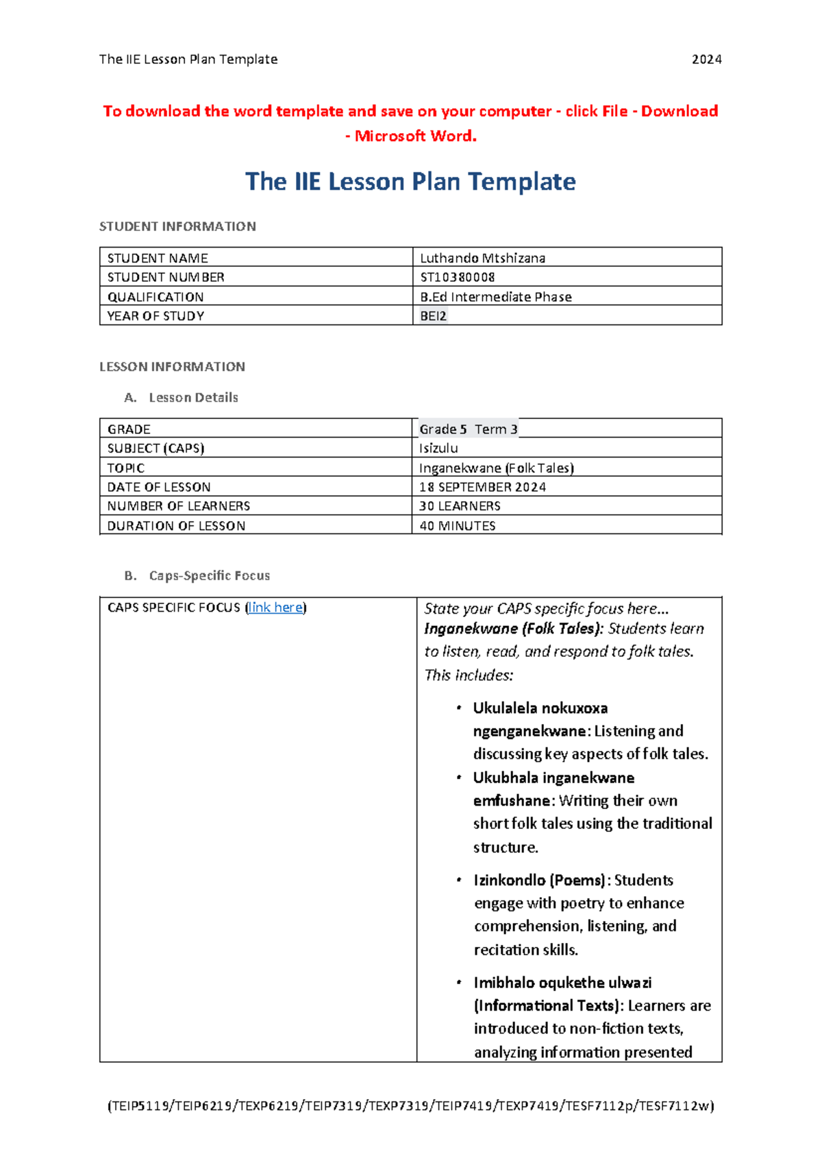 The IIE Lesson Plan Isizulu - To download the word template and save on ...