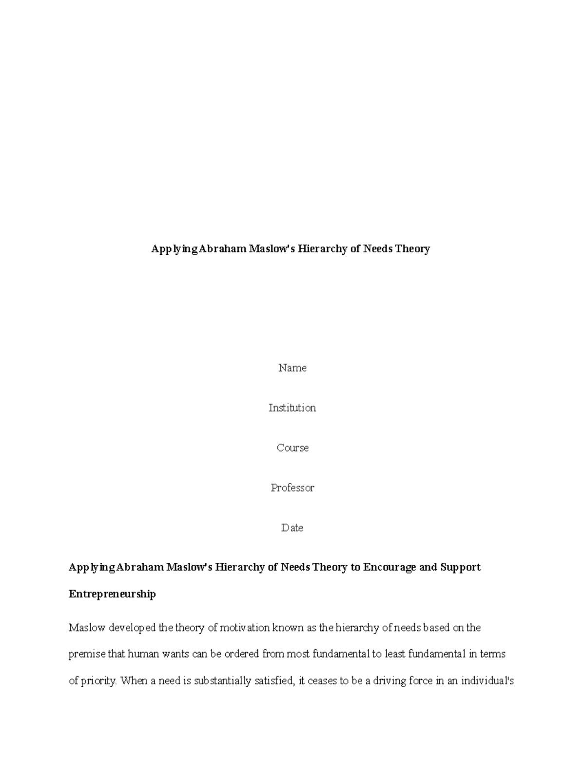 Applying Abraham Maslow's Hierarchy of Needs Theory - Applying Abraham ...