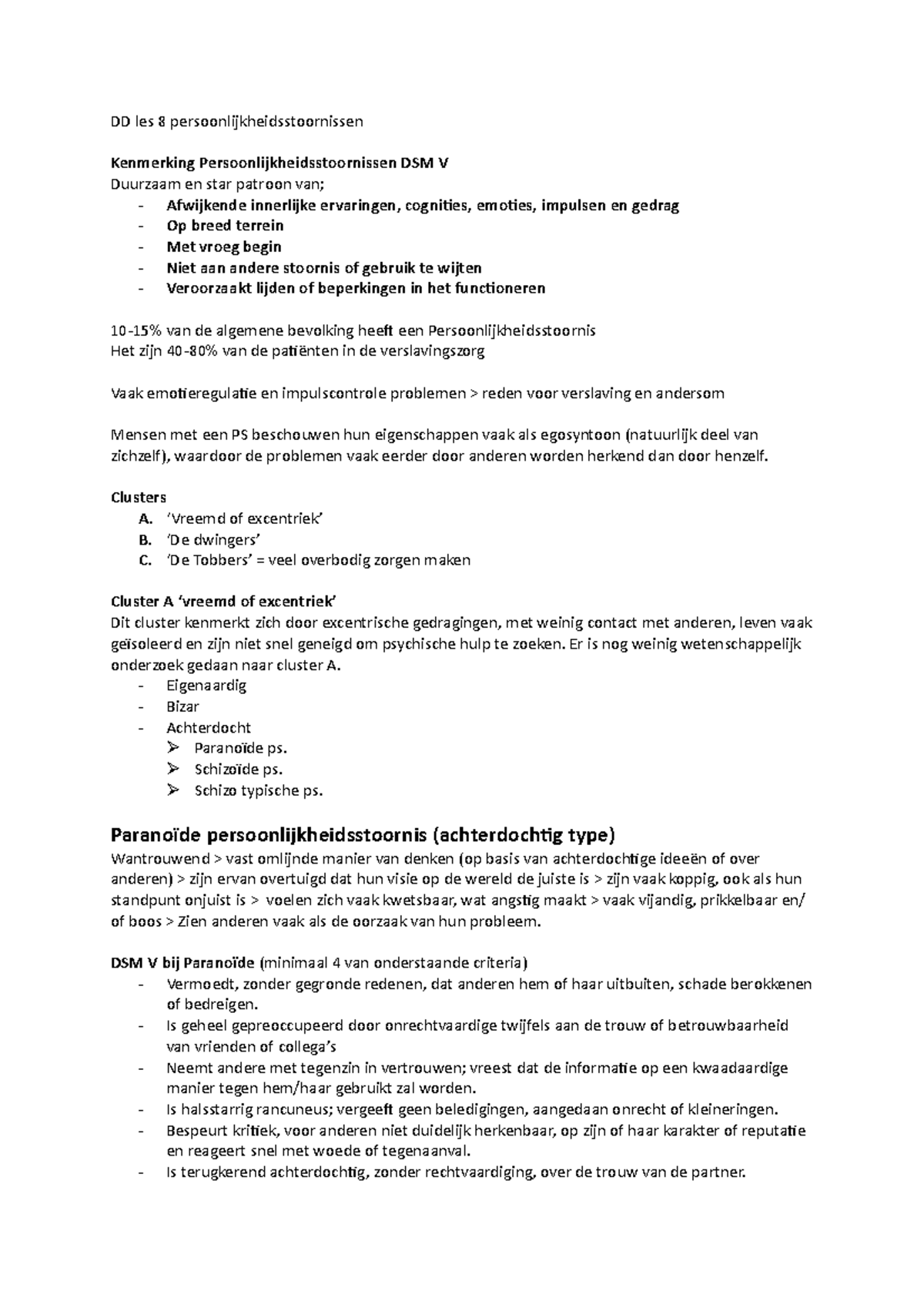 DD H16 persoonlijkheidsstoornis cluster A - DD les 8 ...