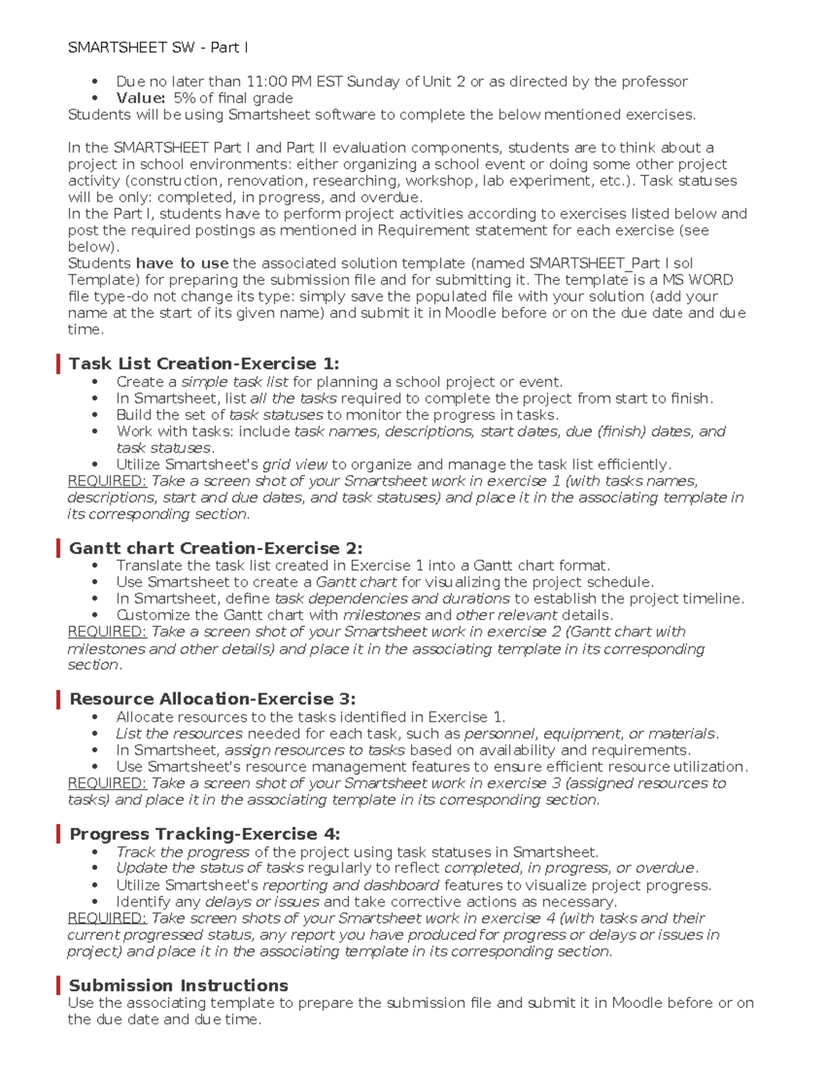 Instructions Smartsheet SW Part I - SMARTSHEET SW - Part I Due no later ...