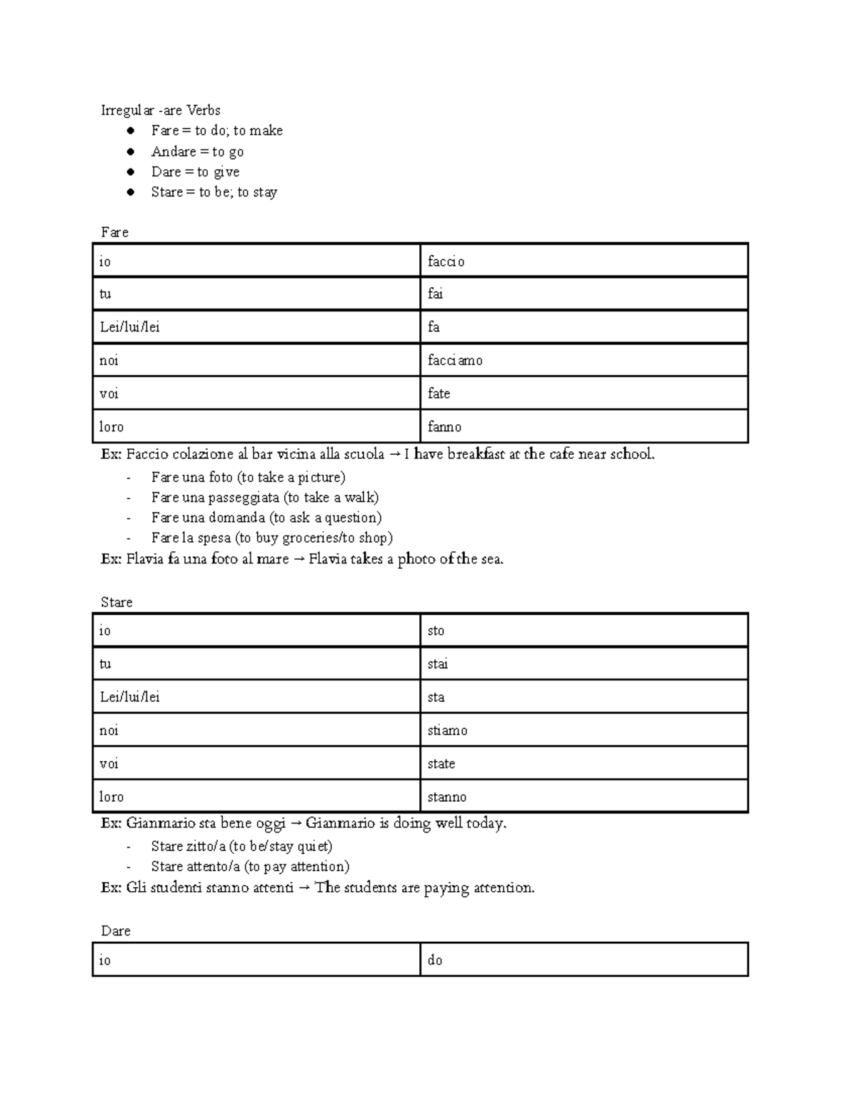 Irregular -are verbs - Irregular -are Verbs Fare = to do; to make ...