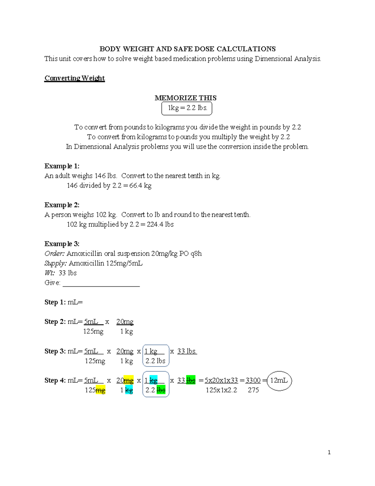 Body Weight Calculations-6-1 - BODY WEIGHT AND SAFE DOSE CALCULATIONS ...
