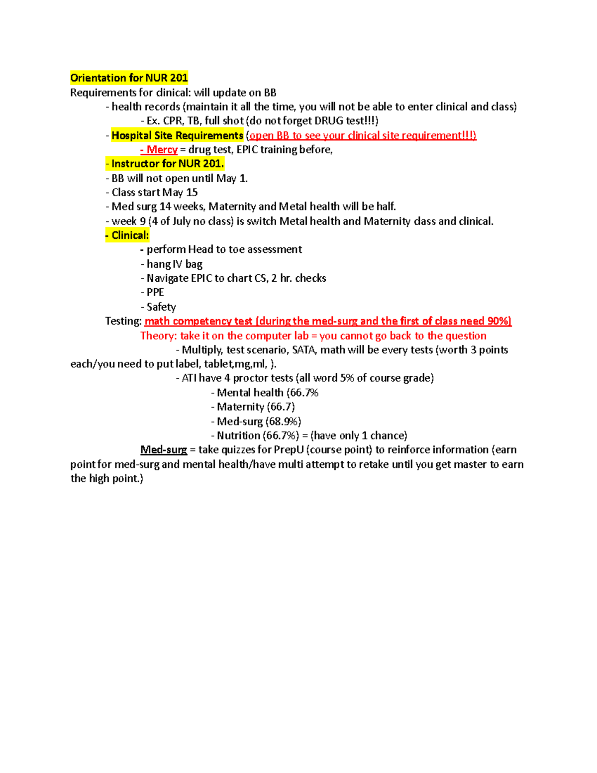 Orientation for NUR 201 copy - Orientation for NUR 201 Requirements for ...