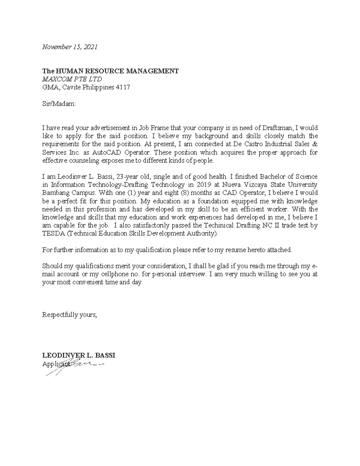 Application Letter - activity - November 15, 2021 The HUMAN RESOURCE ...