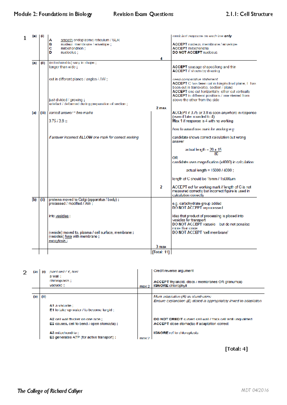 1 Cell structure Revision exam questions Answers - 1 2 [Total: 4 ] 34 ...