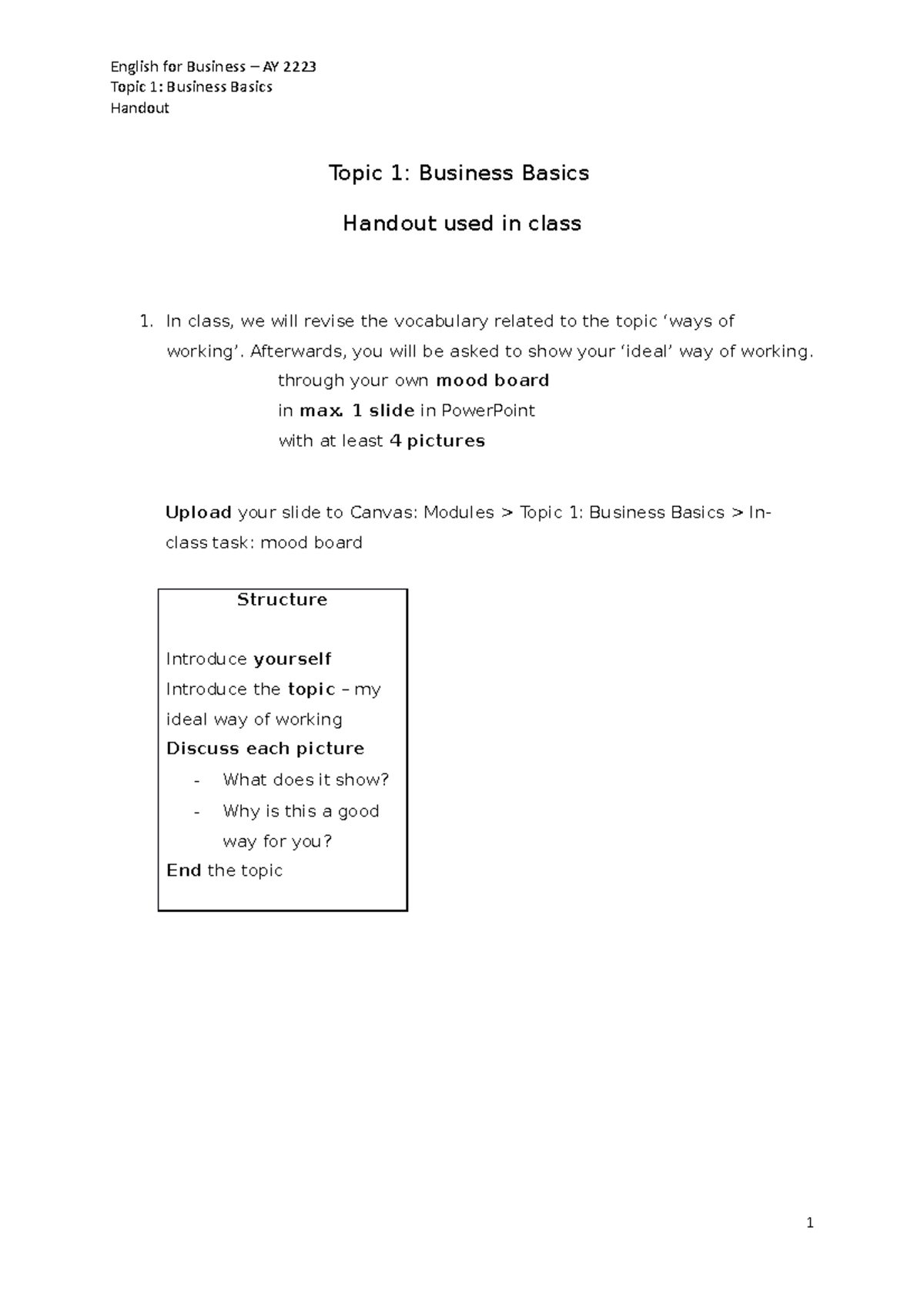 EFB Business Basics - Handout used in class - English for Business – AY ...