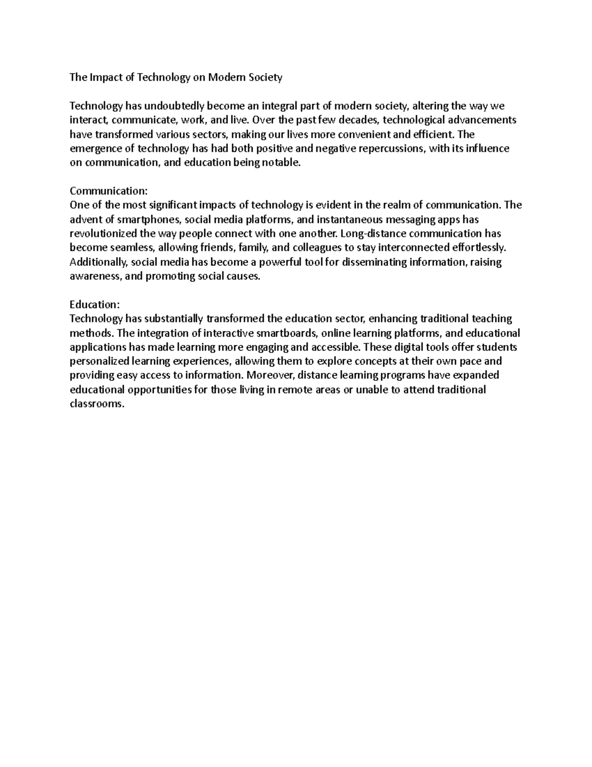 The Impact of Technology on Modern Society - The Impact of Technology ...