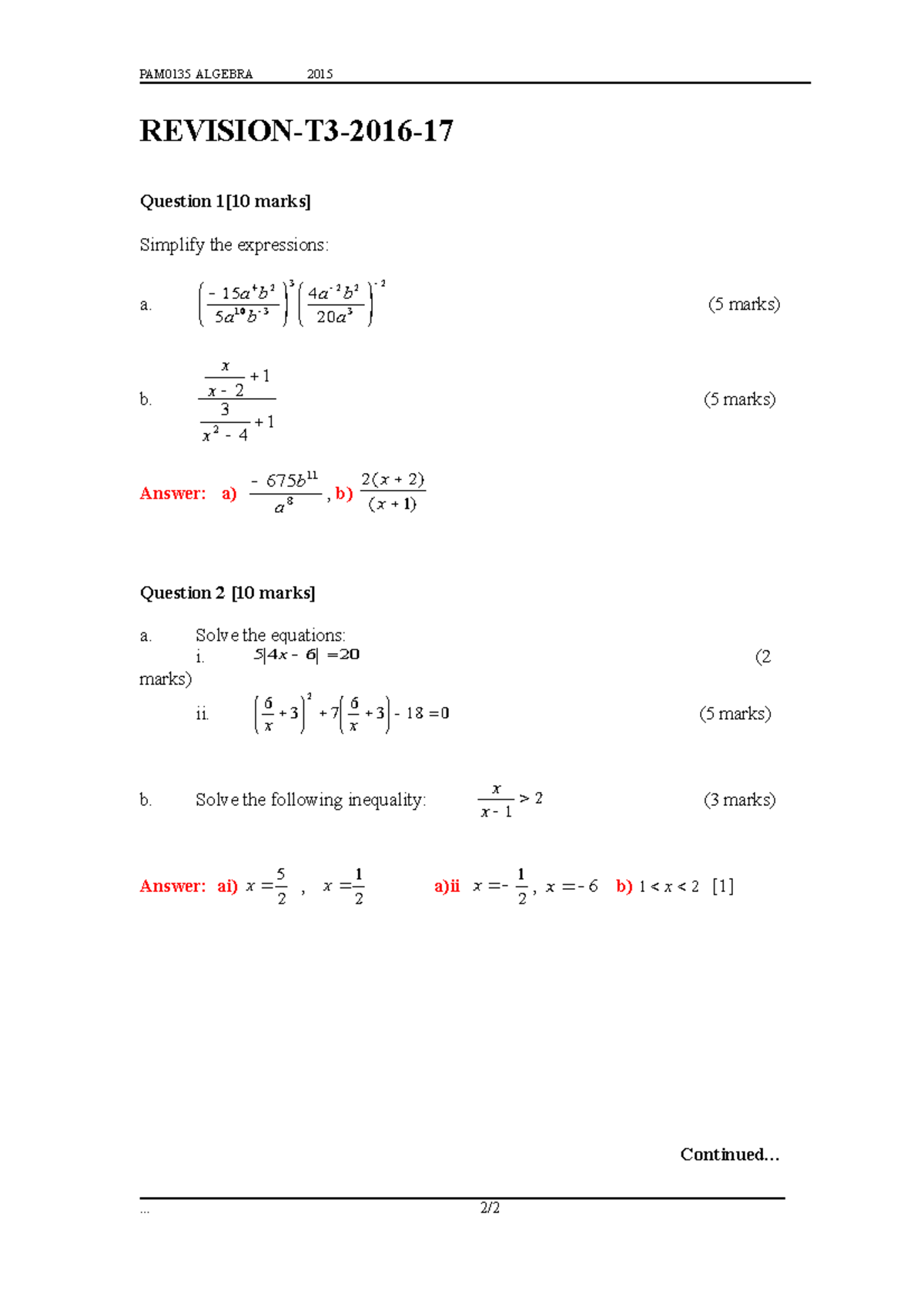 Revision-T3 2016-17 (A) - REVISION-T3-2016- Question 1[10 marks] Simplify the expressions: a ...