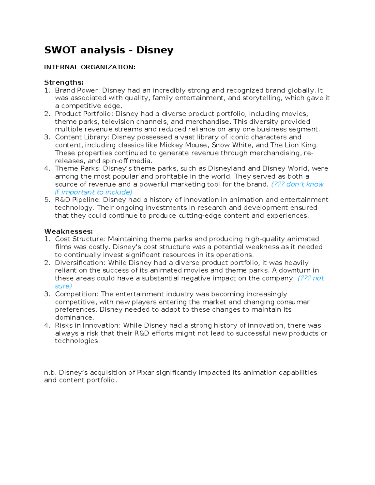 SWOT analysis Disney - SWOT analysis - Disney INTERNAL ORGANIZATION ...