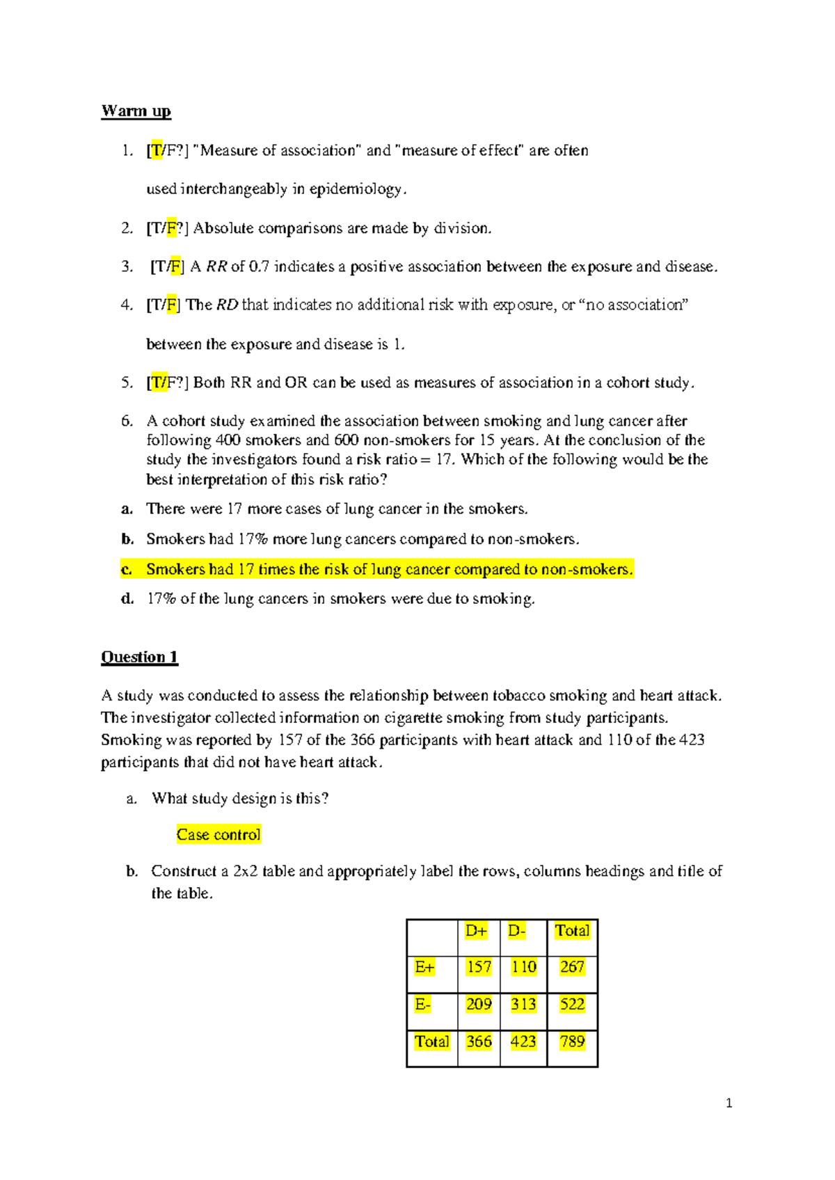 Epidemiology Class Exercise 2024 with solution - Warm up 1. [T/F?] "Measure of - Studocu