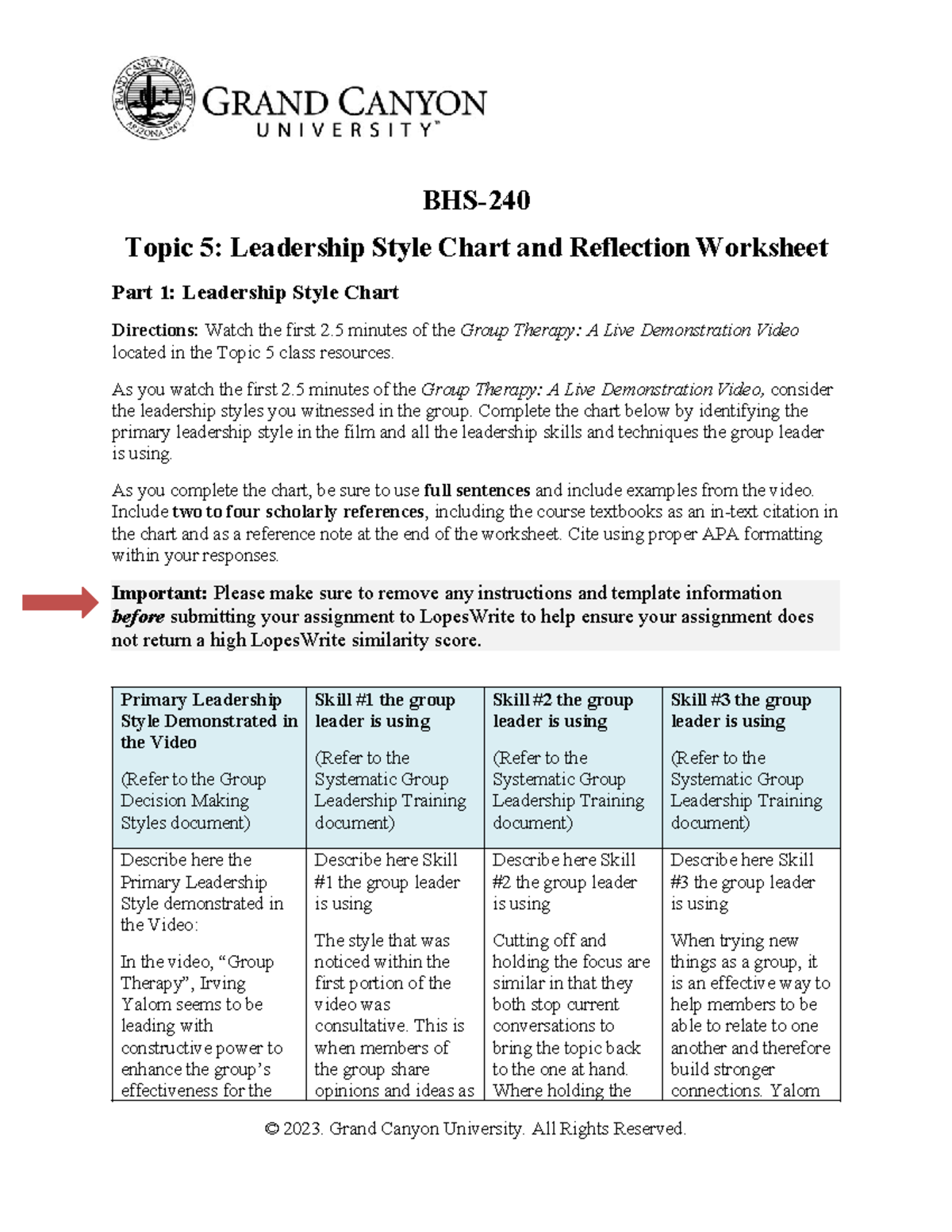 BHS 240 RS T5 - BHS- Topic 5: Leadership Style Chart and Reflection ...