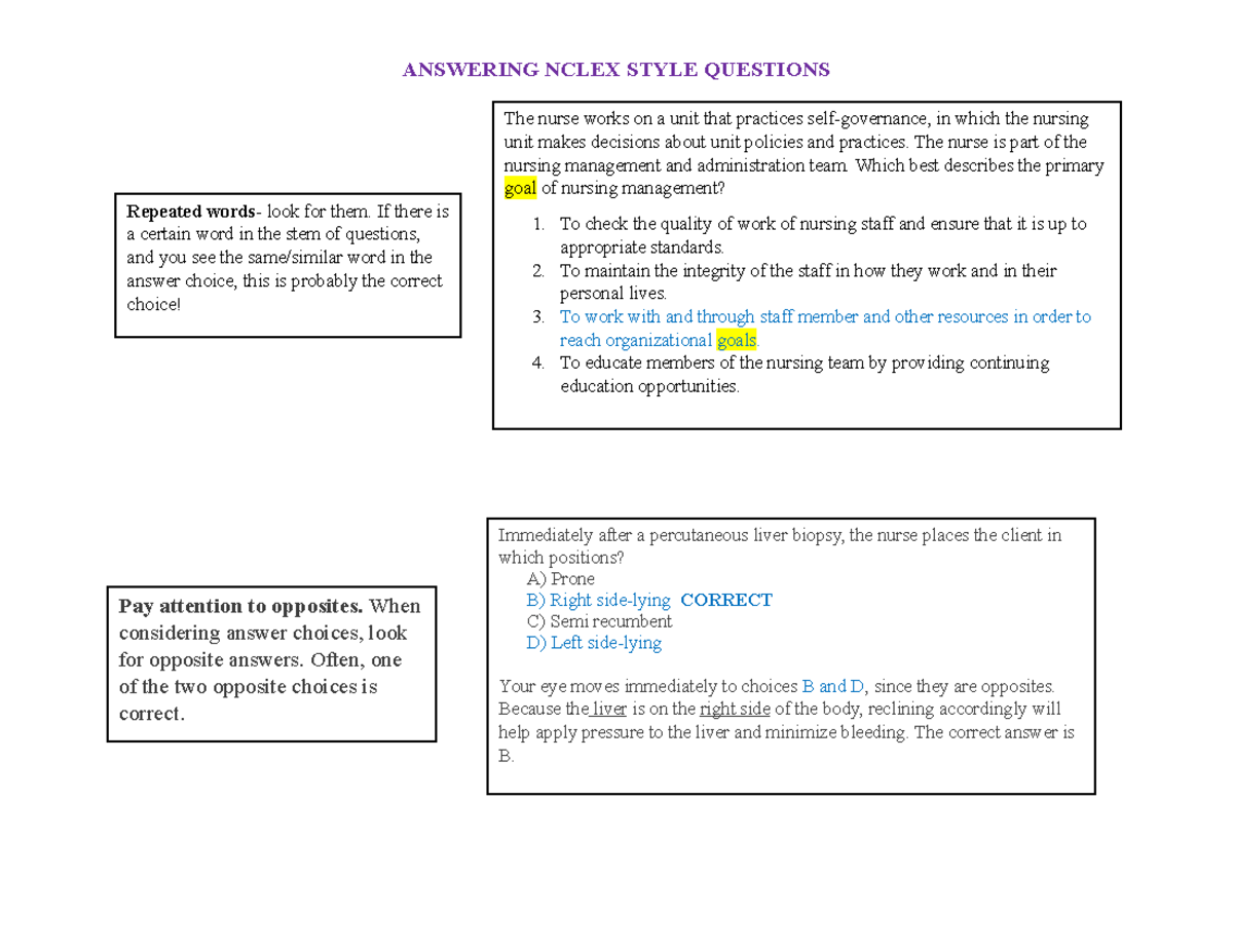 Nclex strategies - ANSWERING NCLEX STYLE QUESTIONS The nurse works on a ...