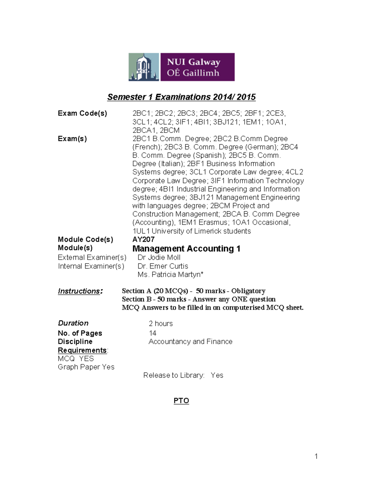 Exam on Management Accounting - Semester 1 Examinations 2014/ 2015 Exam ...