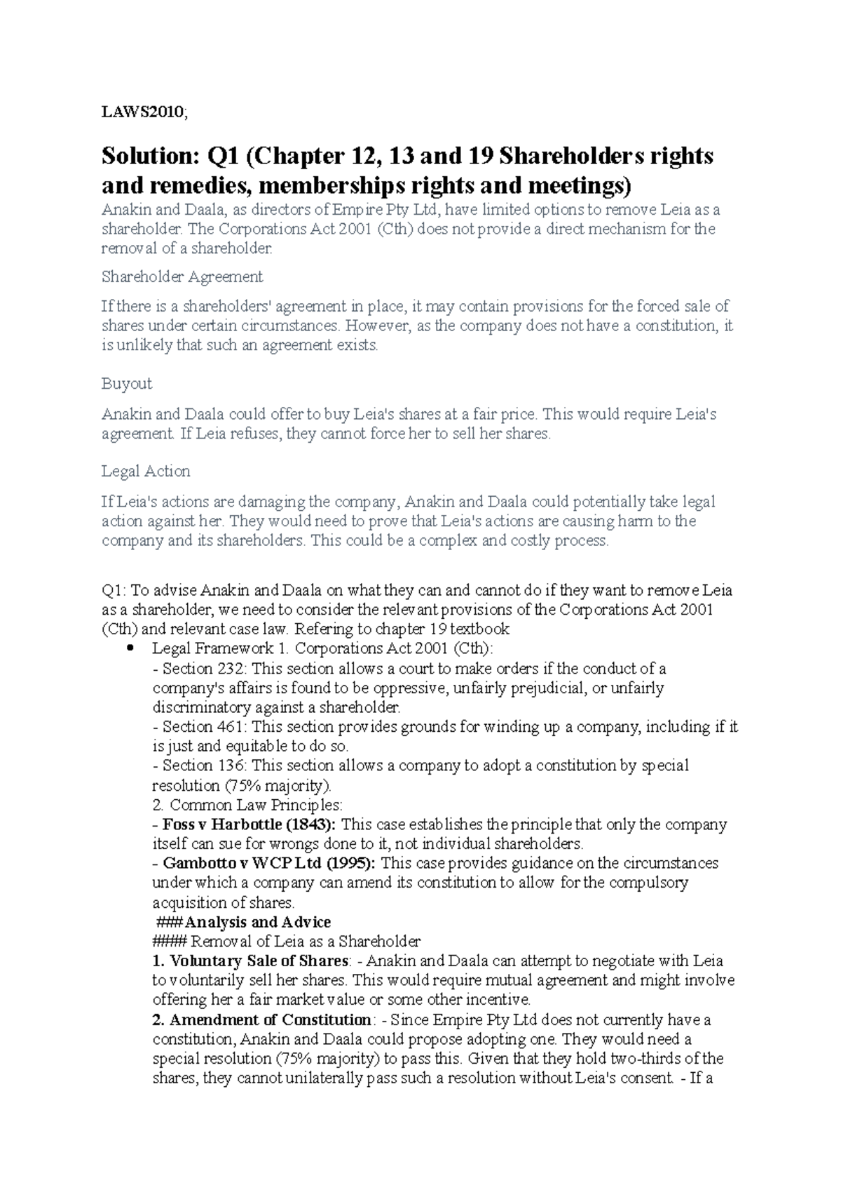 Law of business organisation practice question and answer - LAWS2010 ...