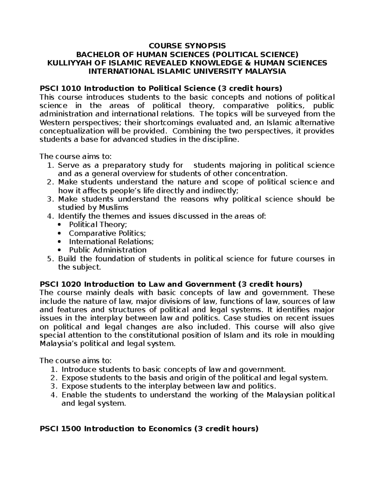Political Science -CS - COURSE SYNOPSIS BACHELOR OF HUMAN SCIENCES ...