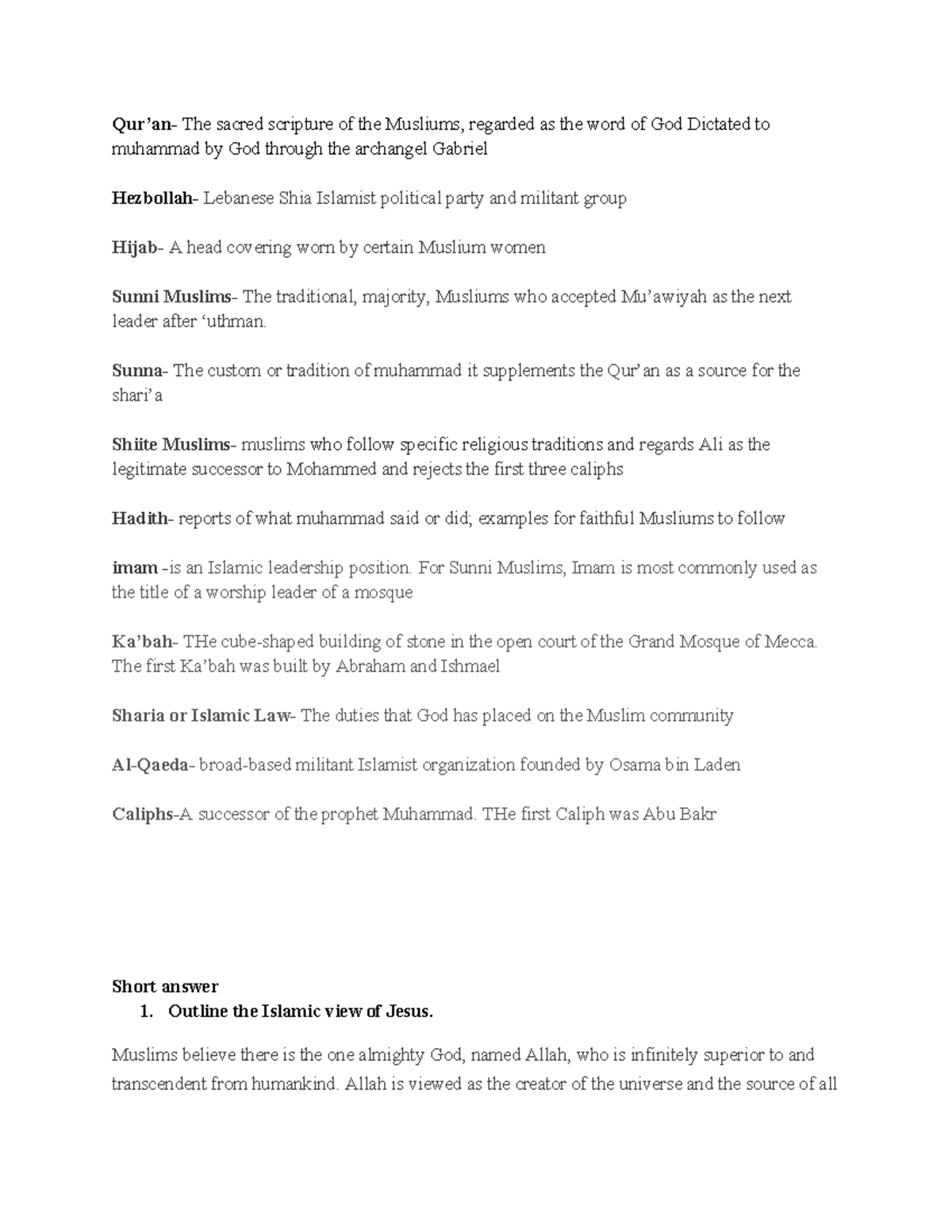 Islam test review - religion notes - Qur’an- The sacred scripture of ...