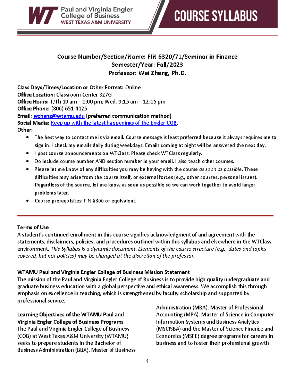 2023FA FIN 6320 71 - Notes - Course Number/Section/Name: FIN 6320/71 ...