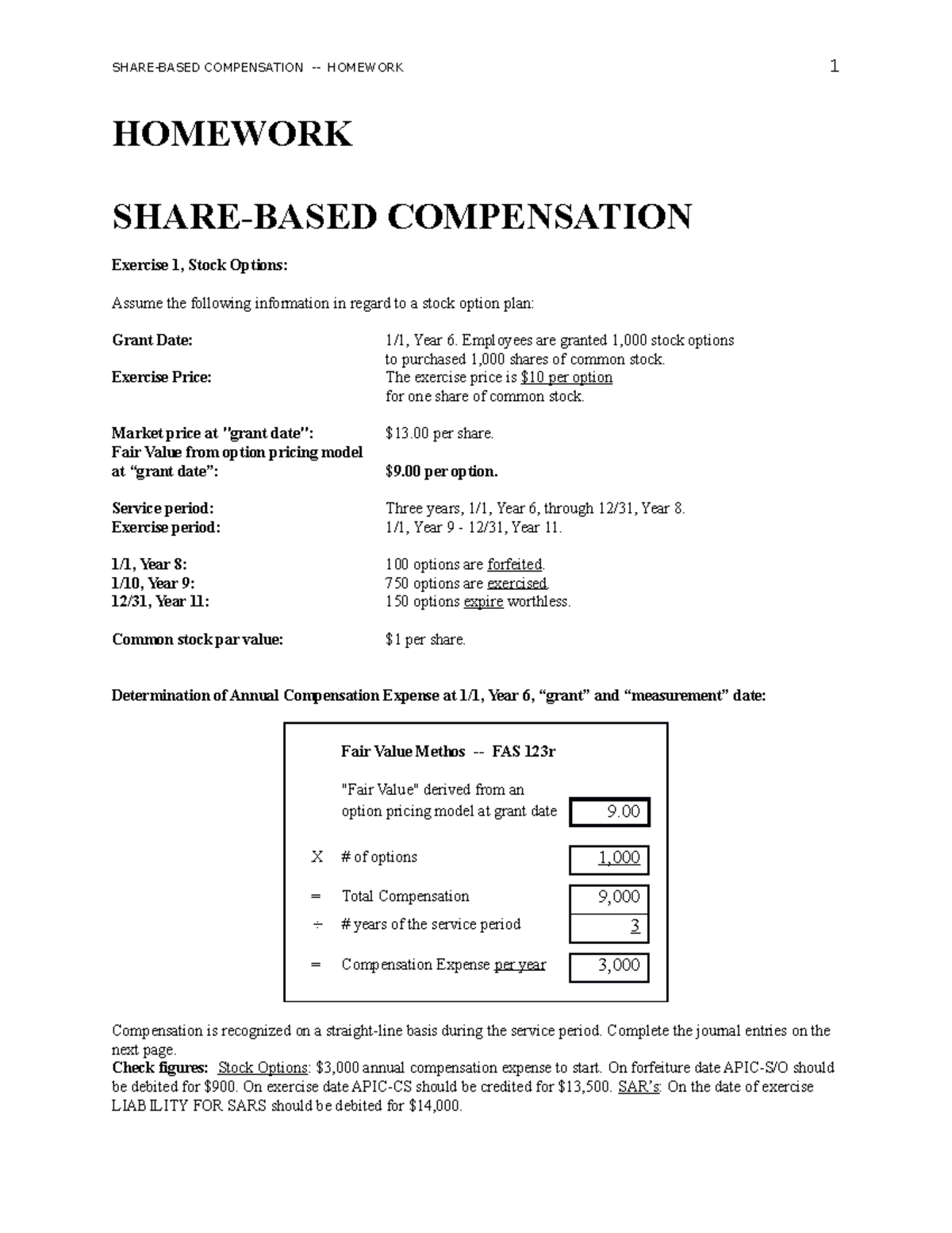Share-based Compensation - Homework - HOMEWORK SHARE-BASED COMPENSATION Exercise 1, Stock ...