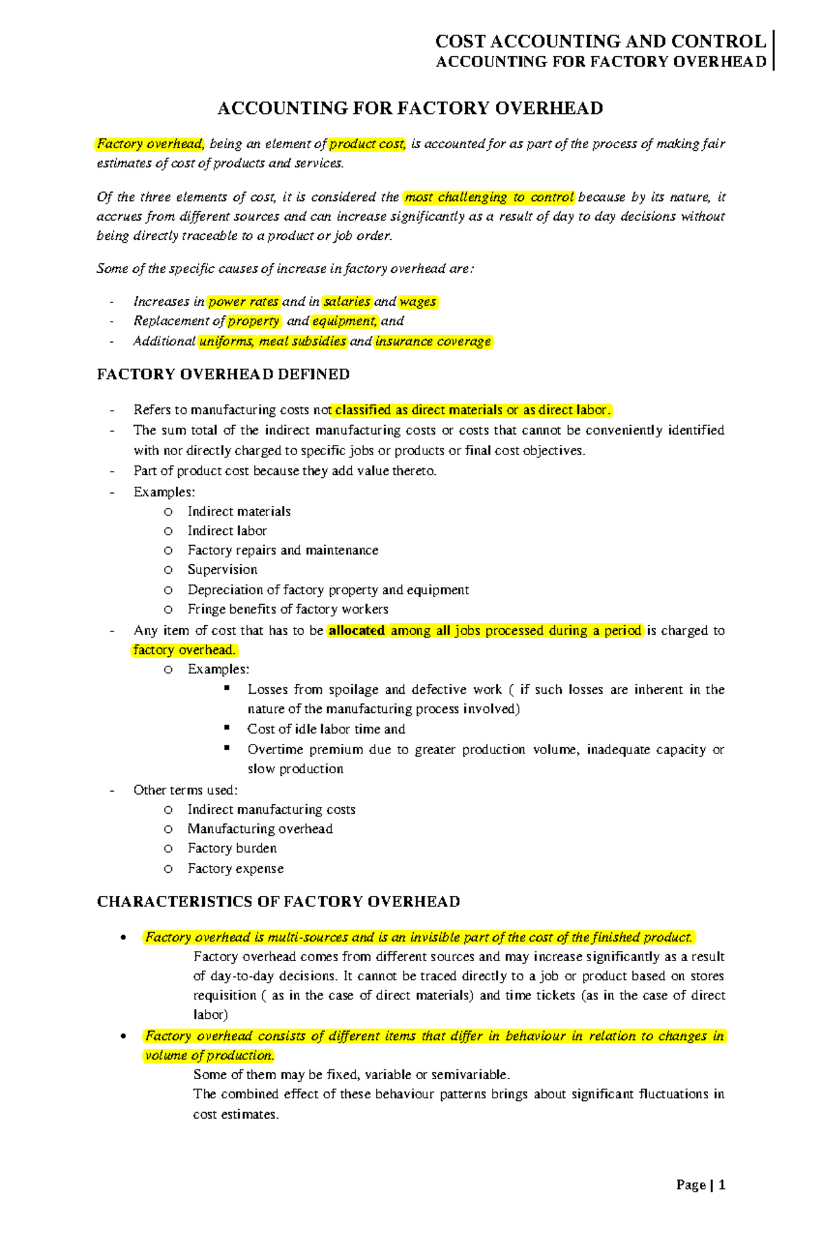 Module 4 - Accounting for FOH - ACCOUNTING FOR FACTORY OVERHEAD ...