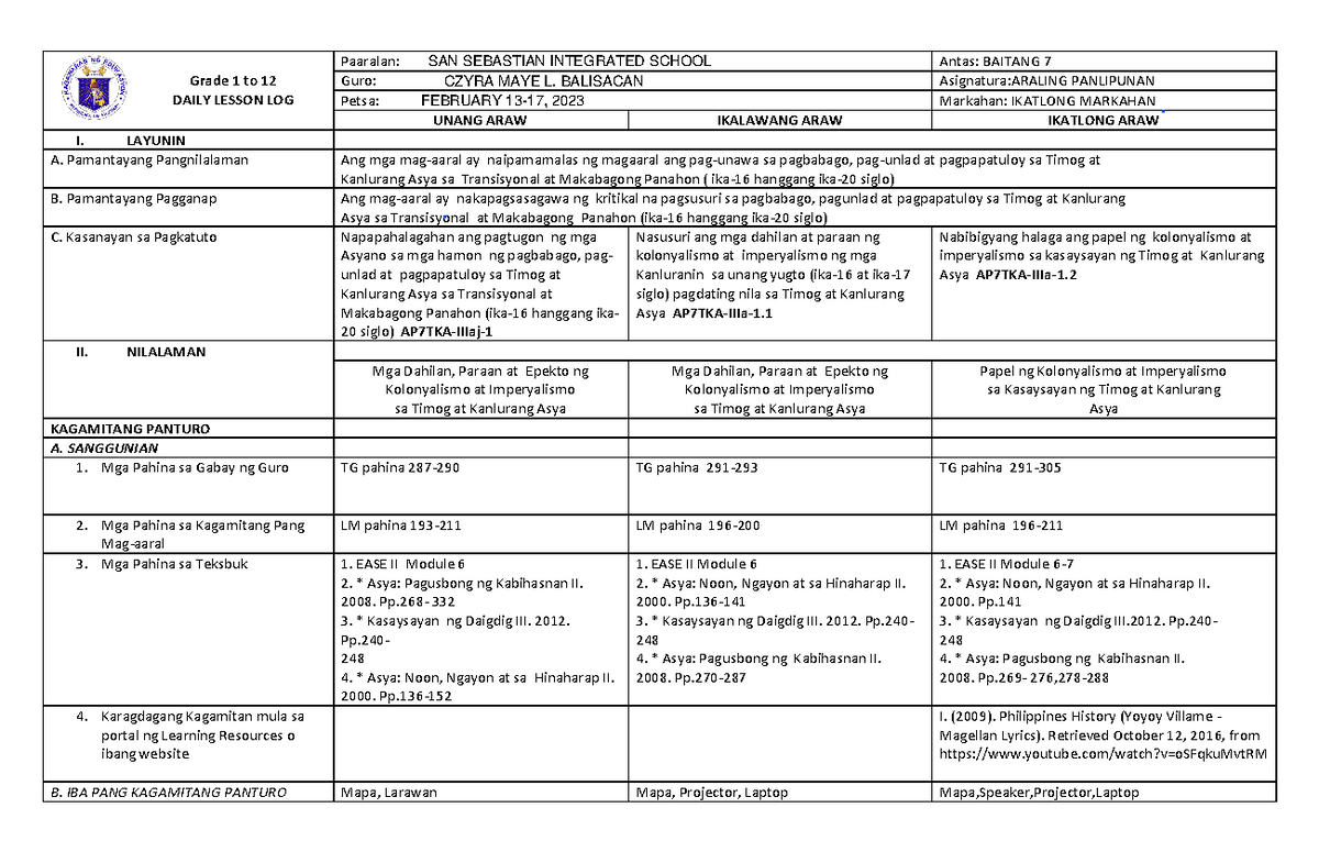 AP WEEK 1 - araling panlipunan - Grade 1 to 12 DAILY LESSON LOG ...