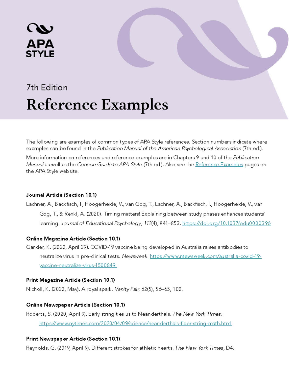 APA7threference-examples - 7th Edition Reference Examples The following ...