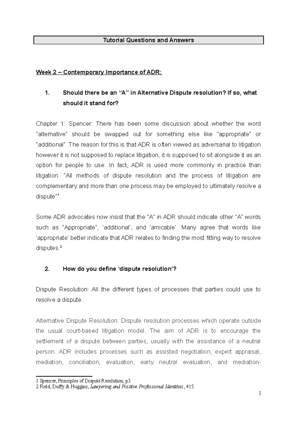 Dispute Resolution Tutorial Questions and Answers - Tutorial Questions and Answers Week 2 ...