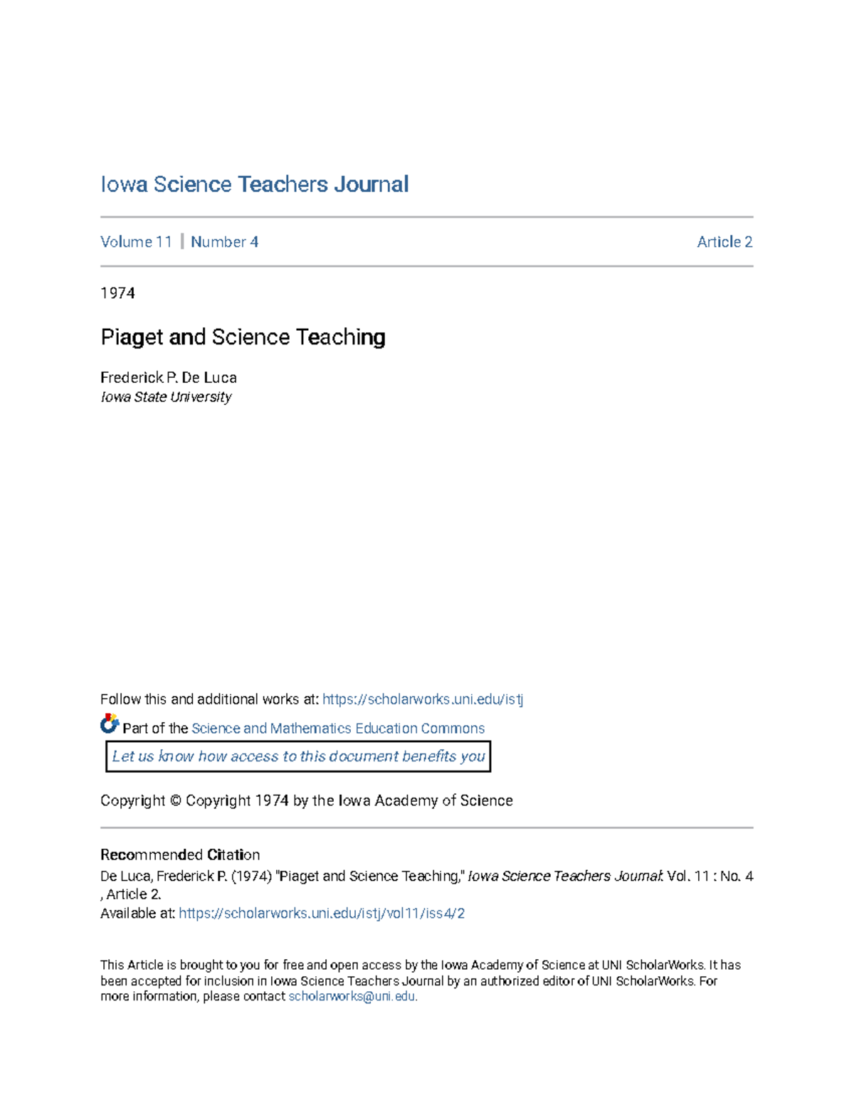 Piaget and Science Teaching - Iowa Science Teachers JournalIowa Science ...