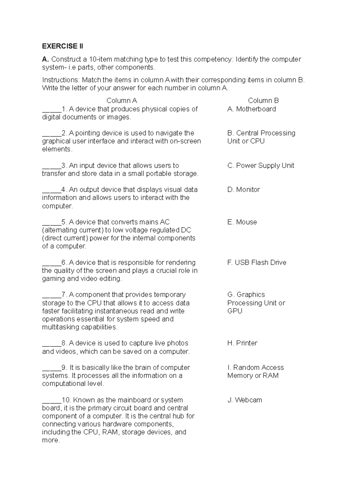 Assignment 3 - None - EXERCISE II A. Construct a 10-item matching type ...