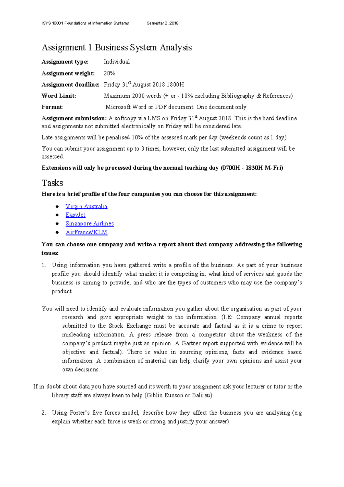 Assignment 1 Business System Analysis - ISYS 10001 Foundations of Information Systems Semester 2 ...