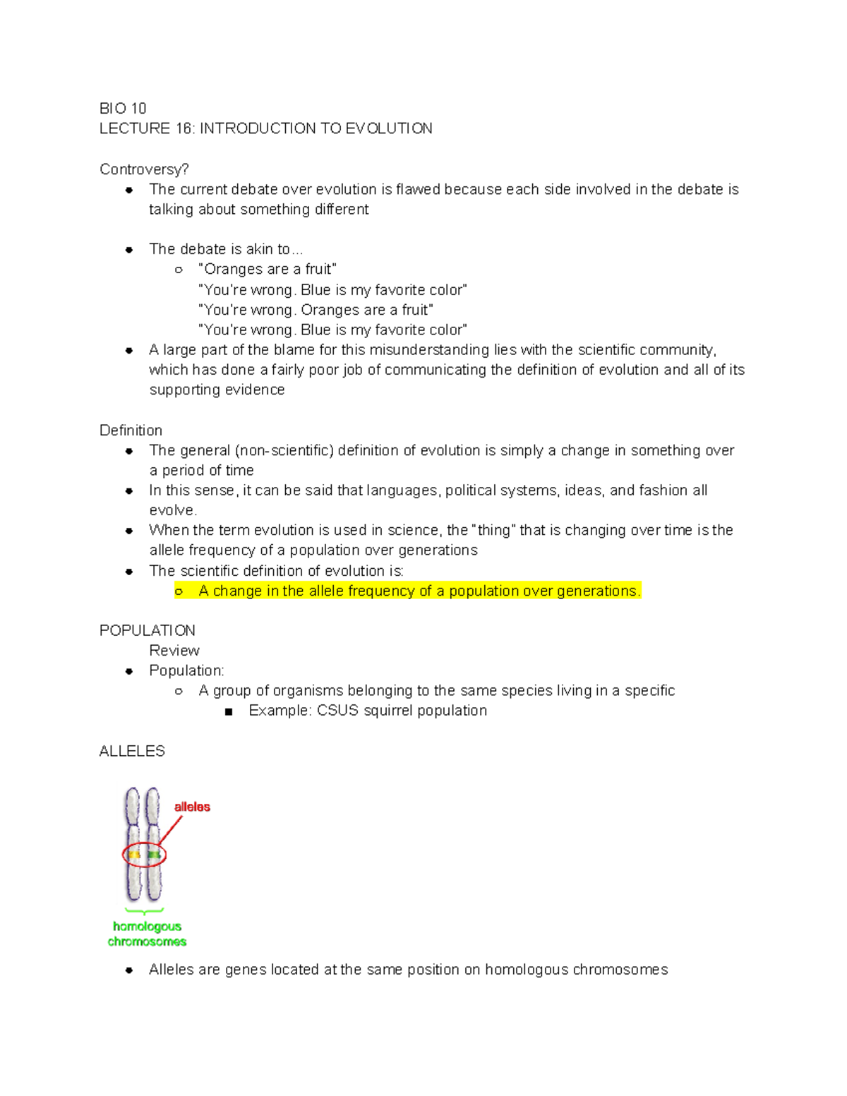 Bio 10 Final Notes - BIO 10 LECTURE 16: INTRODUCTION TO EVOLUTION ...