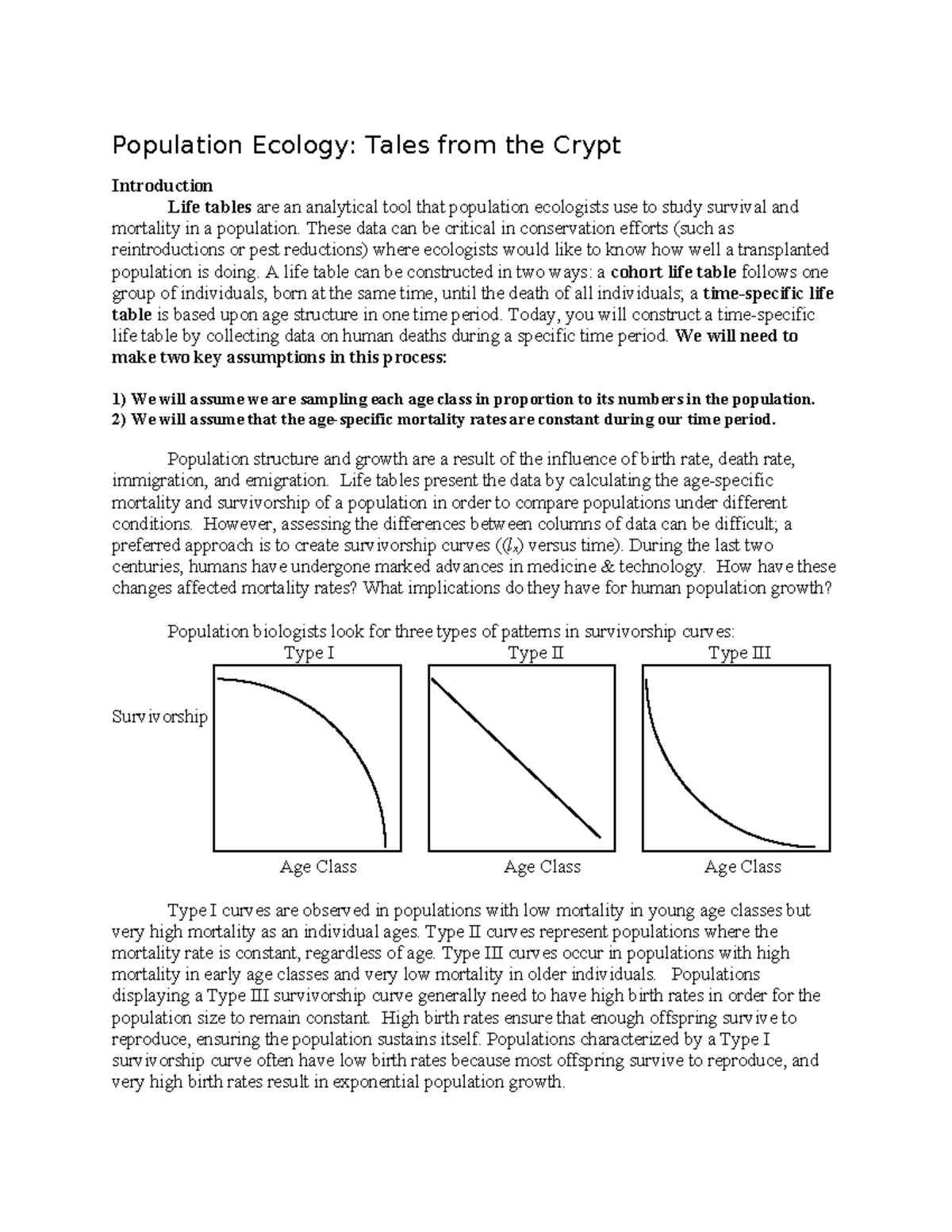 Population Ecology Document - Population Ecology: Tales from the Crypt ...