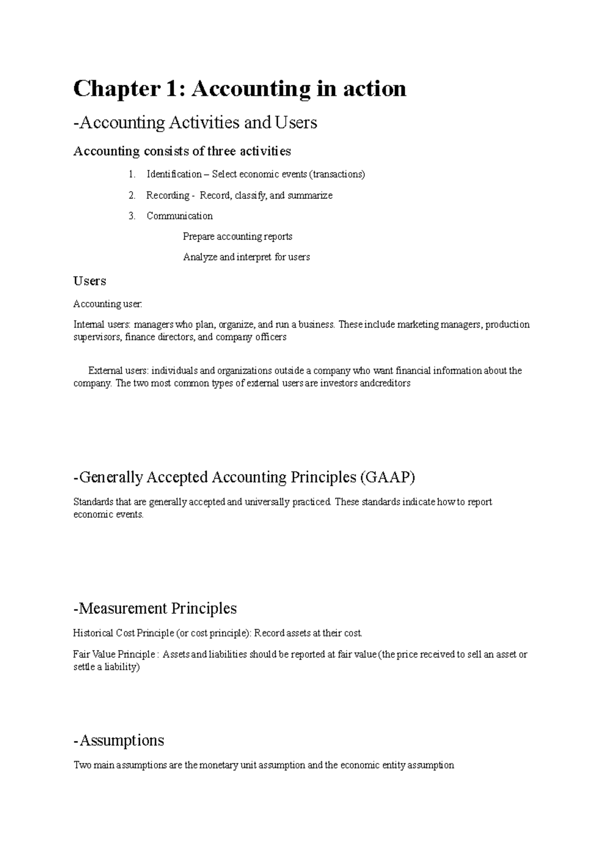 Chapter 1 Summary Chapter 1 Accounting In Action Accounting