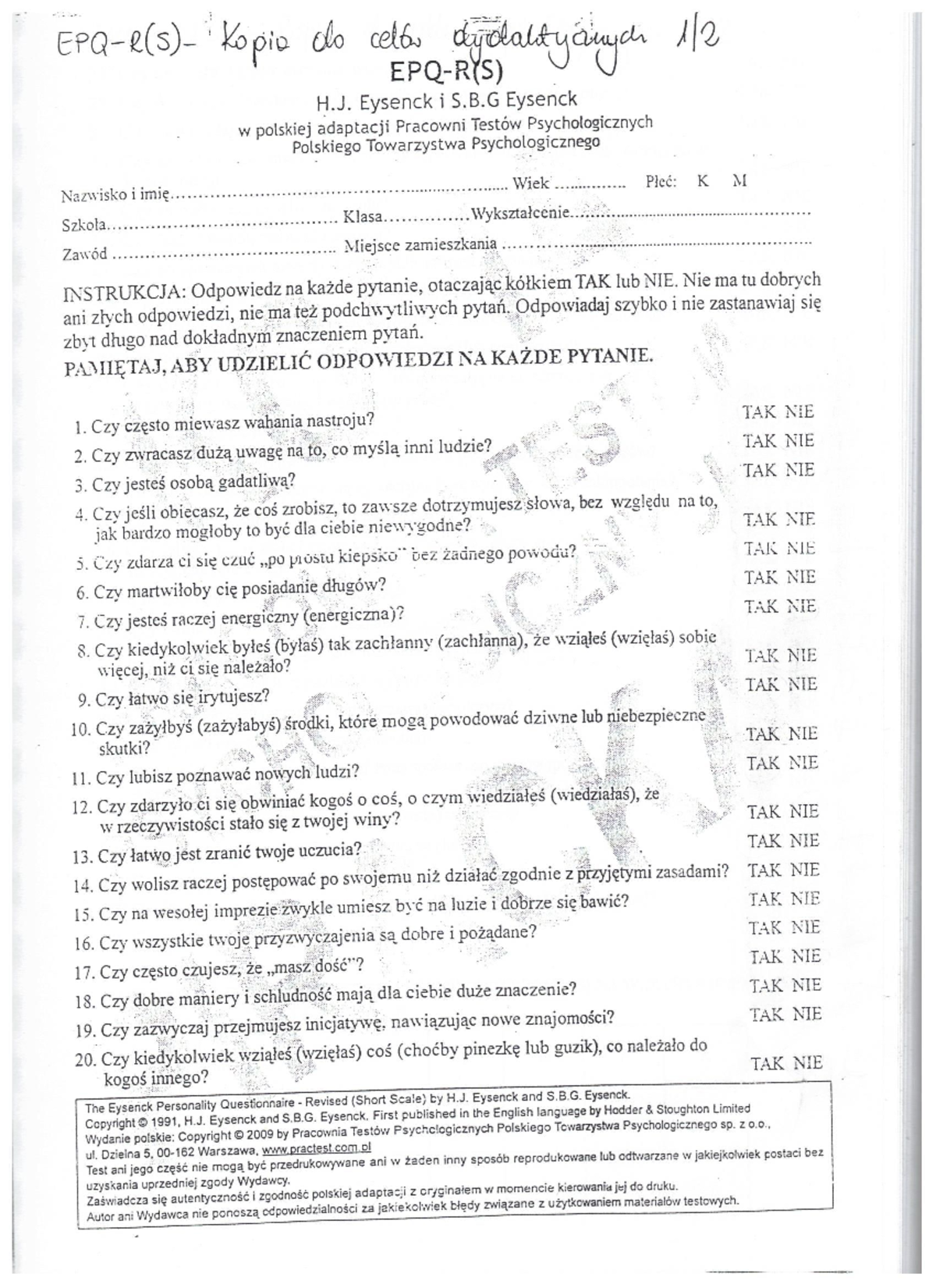 EPQ-R(S) - EPQ-R(S) - psychologia rozwojowa - Studocu