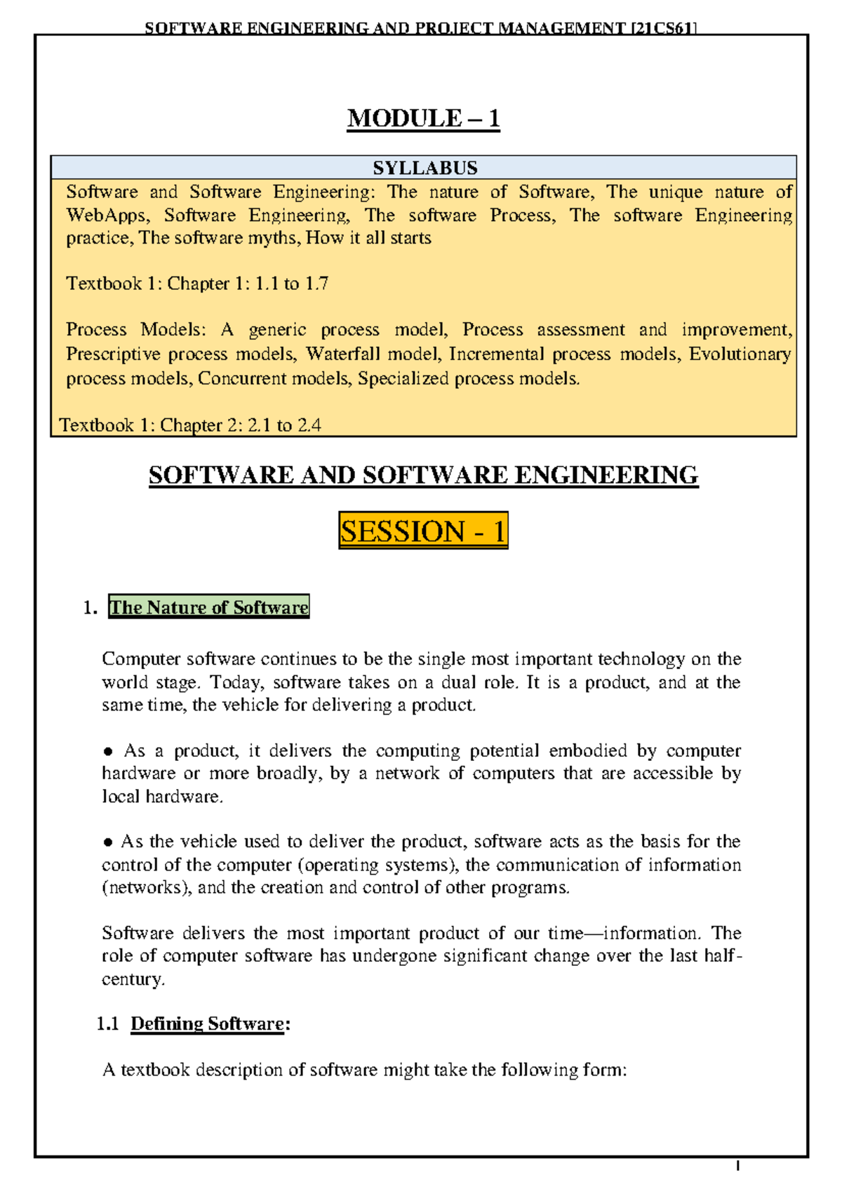 Module - 1 Notes SEPM(21CS61) - MODULE – 1 SYLLABUS Software and ...