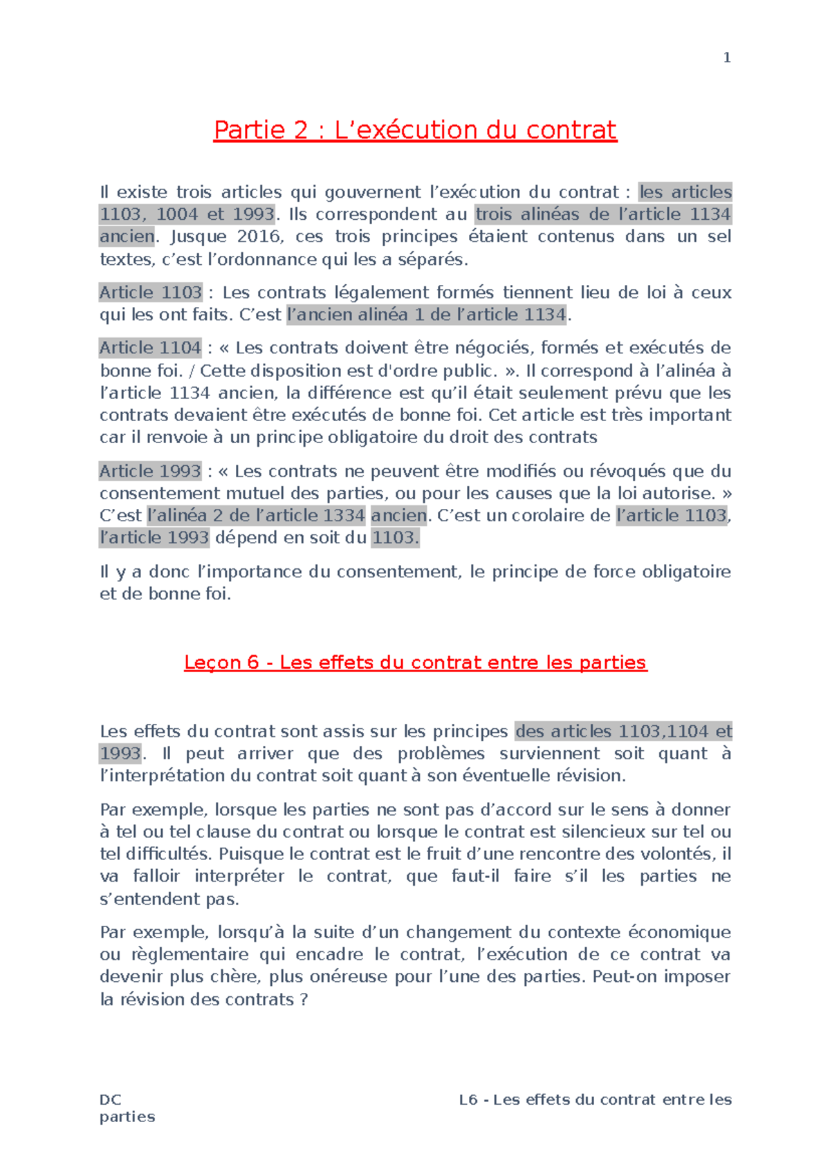 Lecon 6 - les effets du contrat entre les parties - Partie 2 : L ...