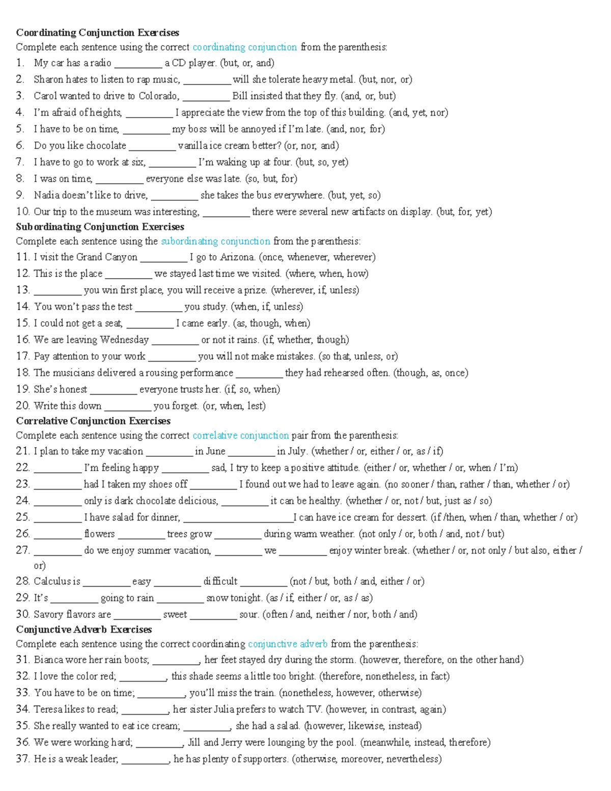 Coordinating Conjunction Exercises - Coordinating Conjunction Exercises ...