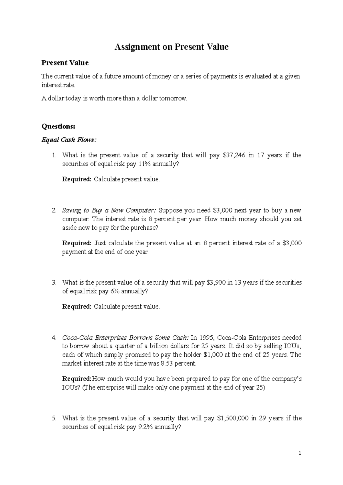 Assignment 1 on Present Value - Assignment on Present Value Present ...