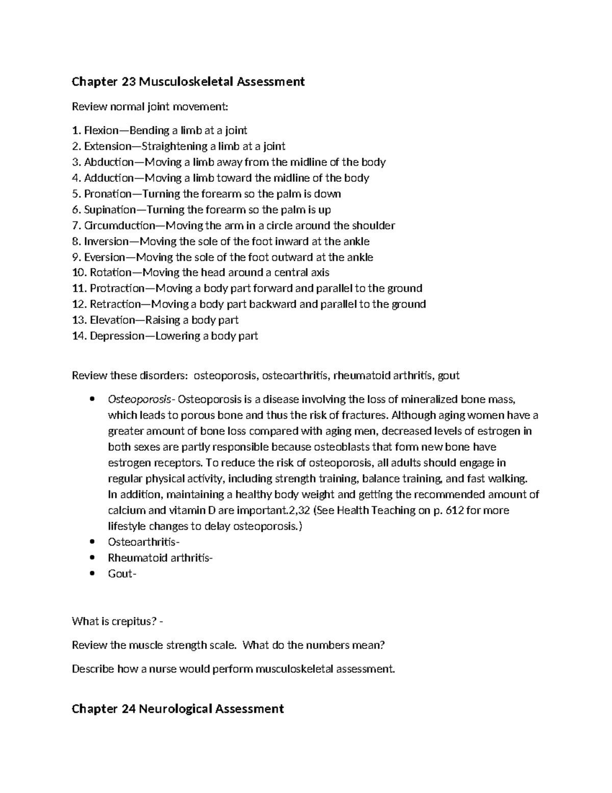 320 Exam 3 - chem - Chapter 23 Musculoskeletal Assessment Review normal ...