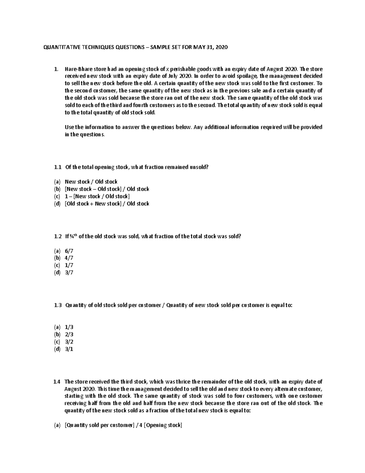May Samp UG QT 5qs HBStore Questions v2 - QUANTITATIVE TECHNIQUES QUESTIONS – SAMPLE SET FOR MAY ...