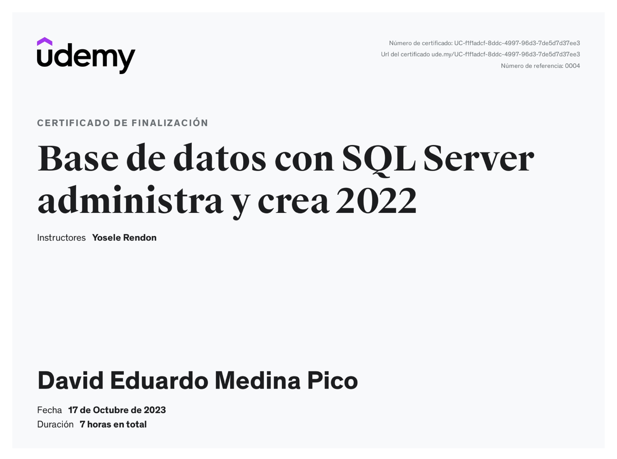 BASE DE Datos CON SQL Server - Número de certificado: udemy Url del ...