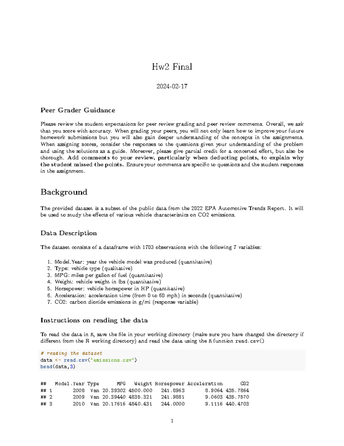 Regression homework2 - Hw2 Final 2024-02- Peer Grader Guidance Please review the student - Studocu