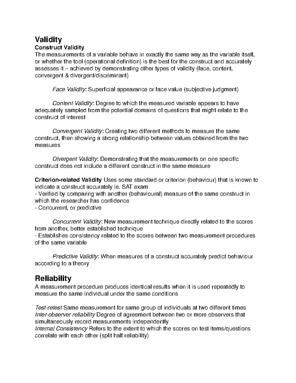 Chapter 3 summary - Validity Construct Validity The measurements of a ...