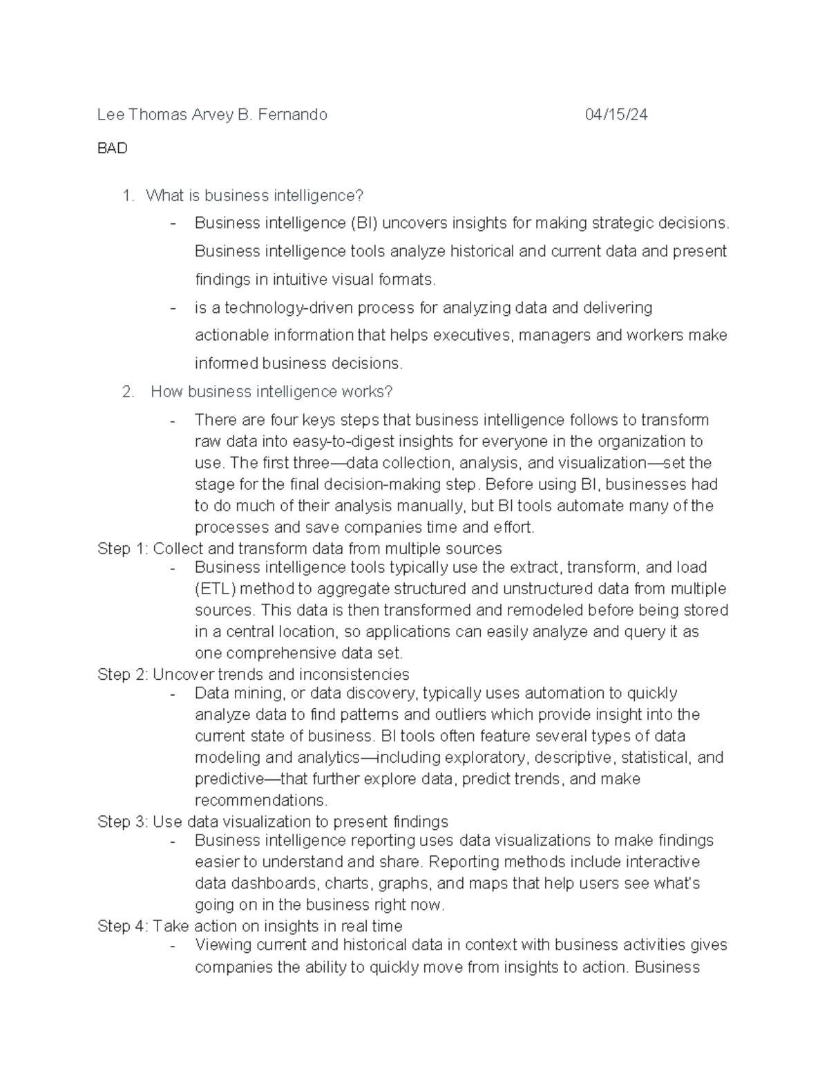 Ferndando Assignment - fundamentals of analytics - Lee Thomas Arvey B. Fernando 04/15/ BAD 1 ...