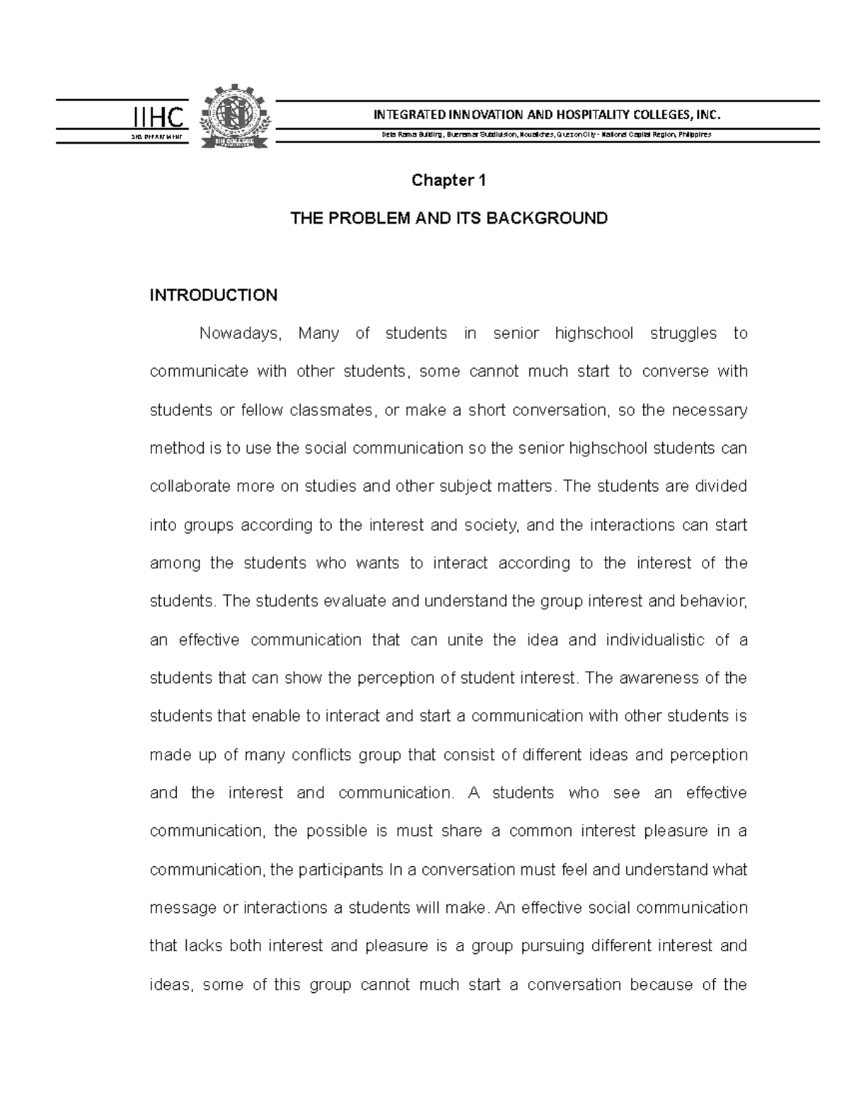 Chapte-1-piang - haahah - Chapter 1 THE PROBLEM AND ITS BACKGROUND ...